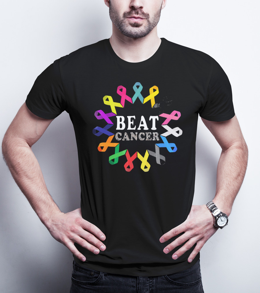 BEAT CANCER Multicolored Awareness Ribbons T-Shirt