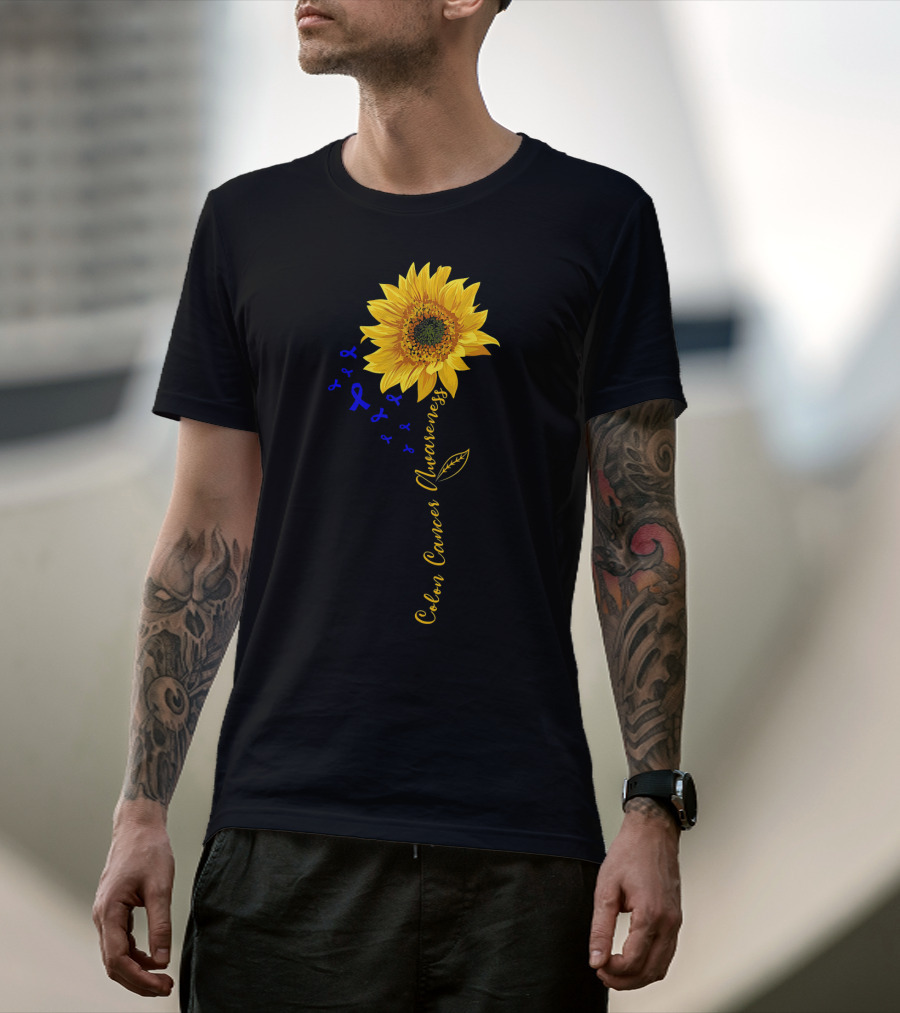 Hippie Sunflower Colon Cancer Awareness Sunflower With Blue Ribbons T-Shirt