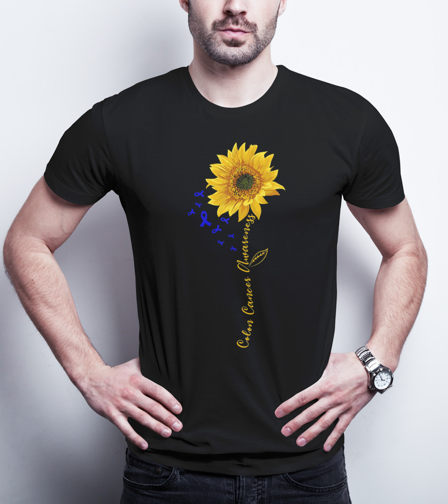Hippie Sunflower Colon Cancer Awareness Sunflower With Blue Ribbons T-Shirt