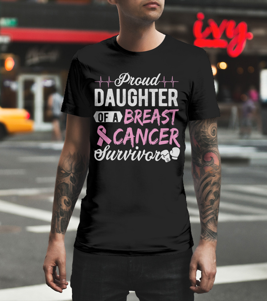 Proud Daughter Of A Breast Cancer Survivor Pink Ribbon Boxing Gloves T-Shirt