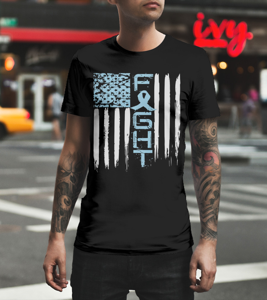 Prostate Cancer Awareness Fight Blue Ribbon American Flag T-Shirt