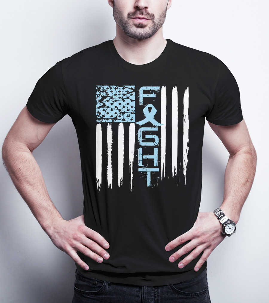 Prostate Cancer Awareness Fight Blue Ribbon American Flag T-Shirt