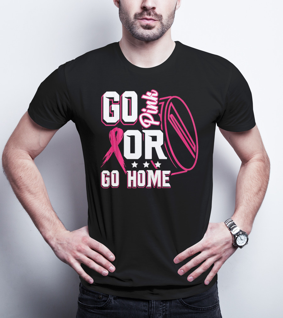 Go Pink Or Go Home Breast Cancer Hockey Awareness With Ribbon And Puck T-Shirt