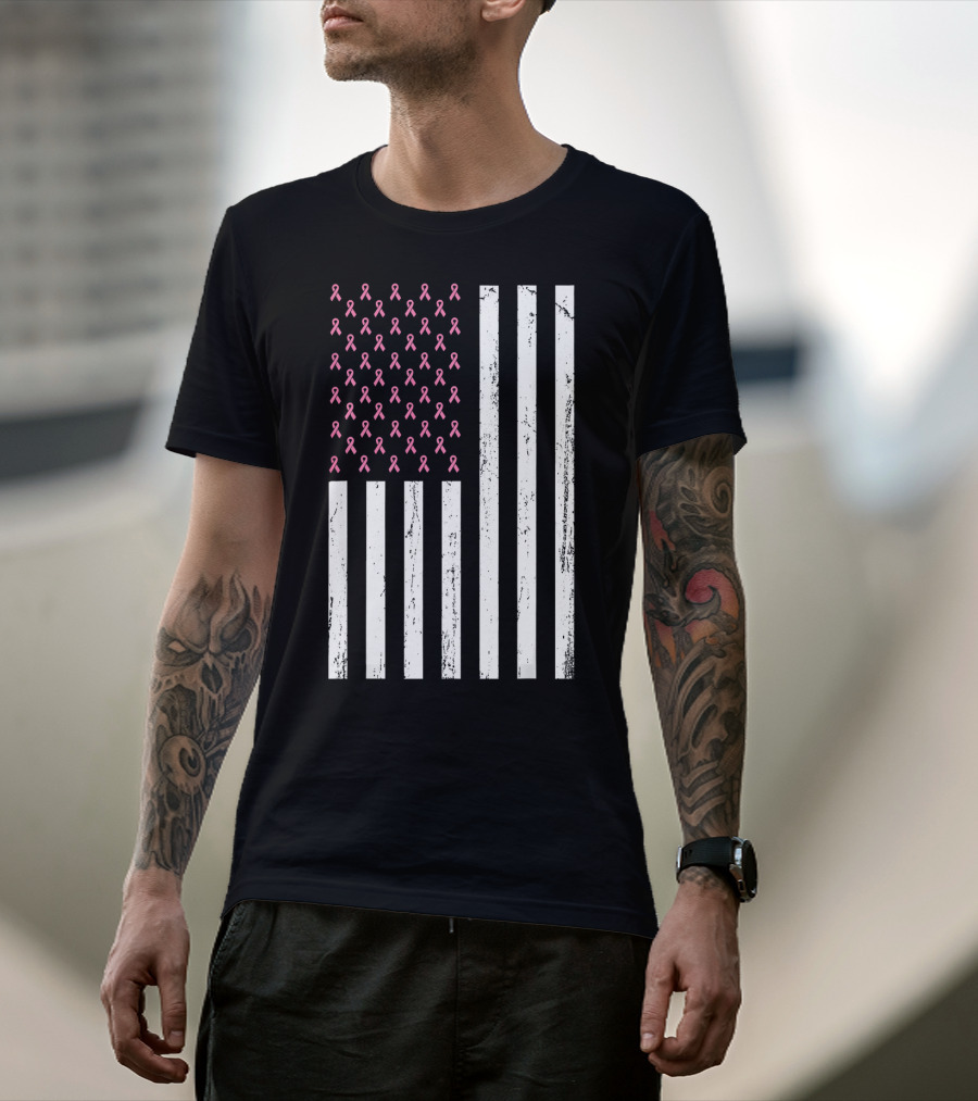 American Flag Pink Ribbons Breast Cancer Awareness T-Shirt