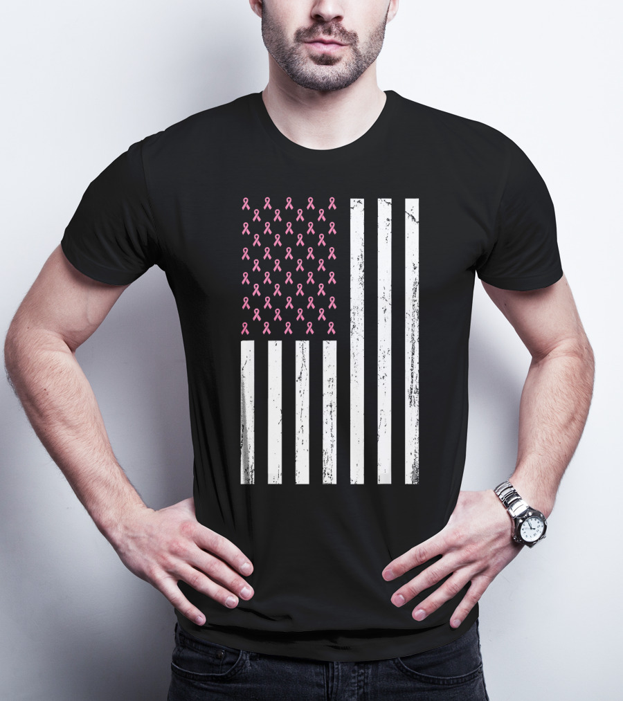American Flag Pink Ribbons Breast Cancer Awareness T-Shirt
