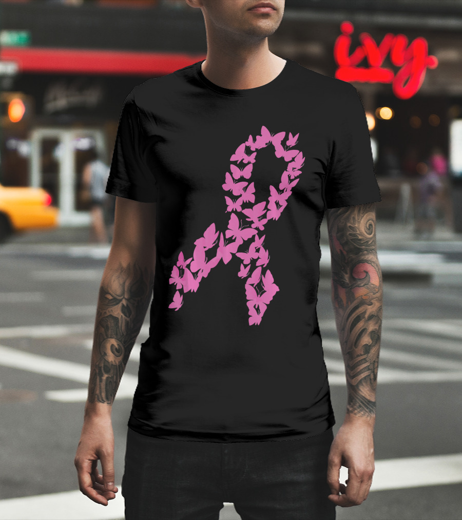 Pink Ribbon Butterfly Awareness Breast Cancer Cute T-Shirt