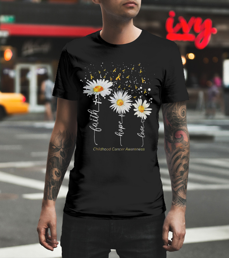 Faith Hope Love Childhood Cancer Awareness Daisies And Ribbons T-Shirt