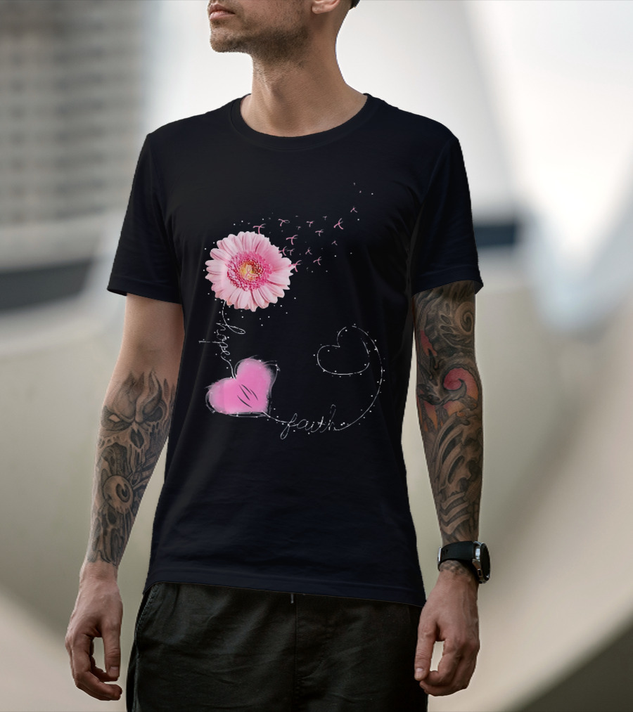 Hope Faith Pink Flower Hearts Breast Cancer Awareness T-Shirt