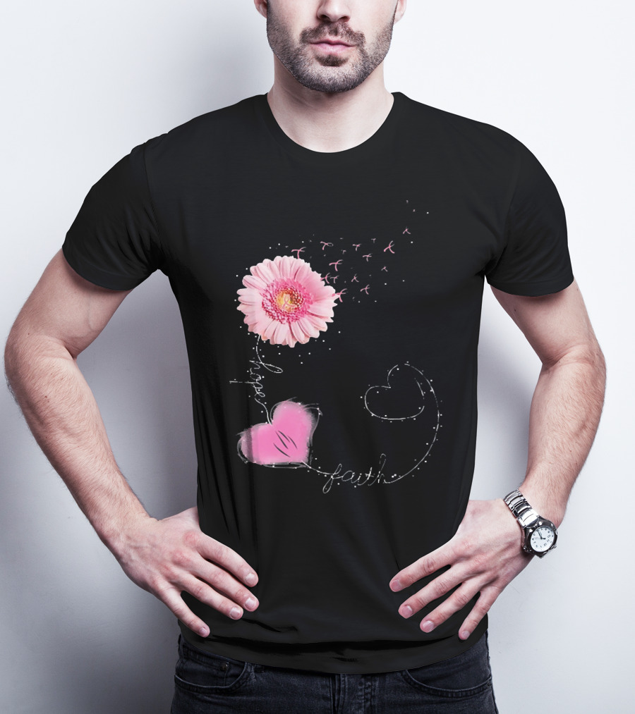 Hope Faith Pink Flower Hearts Breast Cancer Awareness T-Shirt