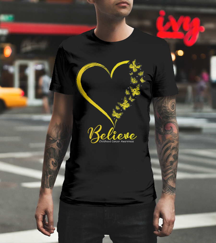 Believe Butterfly Heart Childhood Cancer Awareness T-Shirt