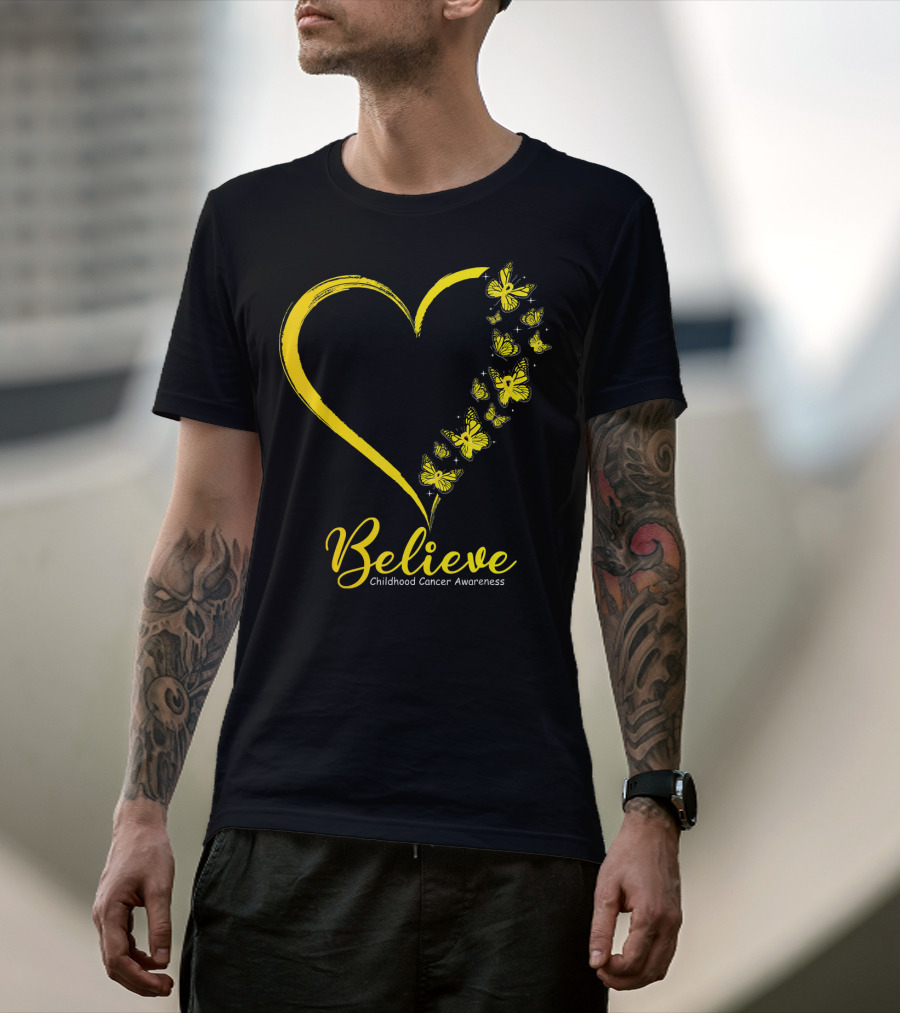 Believe Butterfly Heart Childhood Cancer Awareness T-Shirt