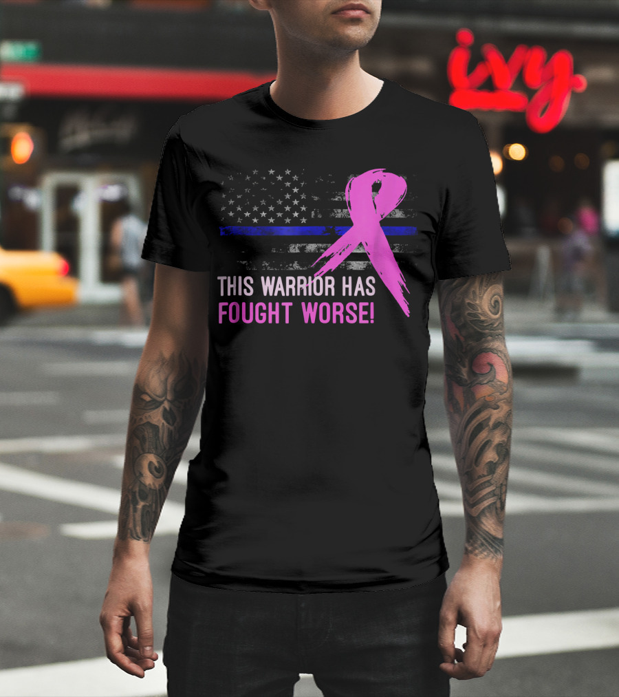 Thin Blue Line American Flag Pink Ribbon This Warrior Has Fought Worse T-Shirt