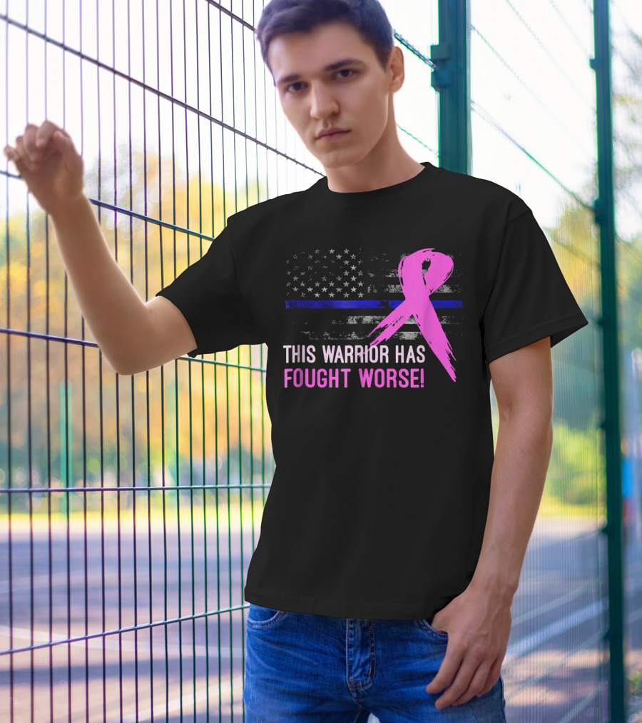 Thin Blue Line American Flag Pink Ribbon This Warrior Has Fought Worse T-Shirt