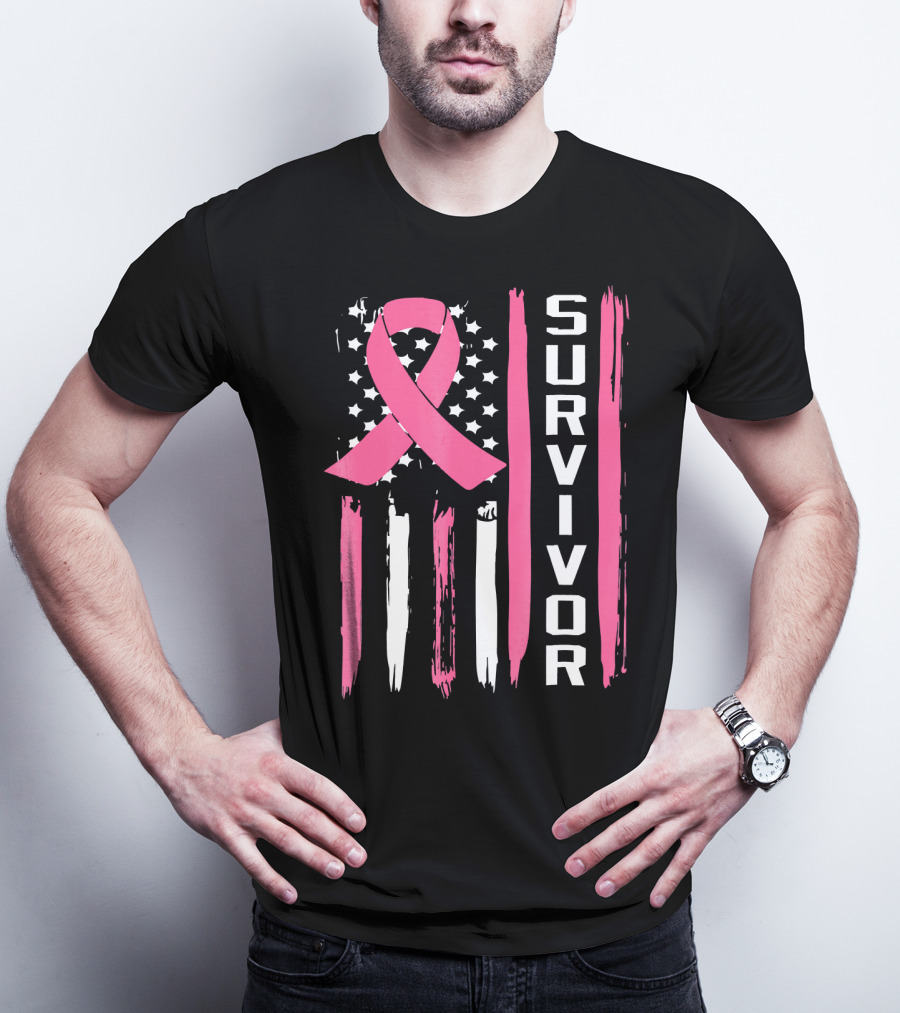 Survivor Breast Cancer Ribbon American Flag T-Shirt