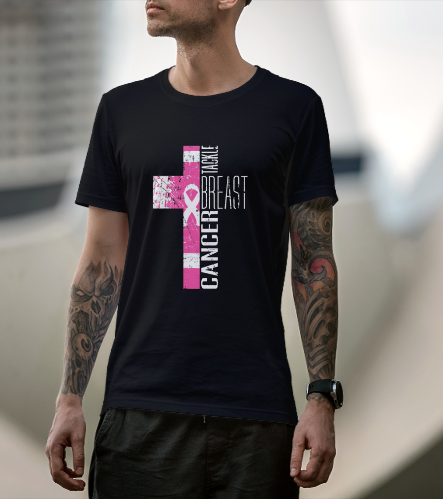 Tackle Breast Cancer Pink Ribbon Cross T-Shirt
