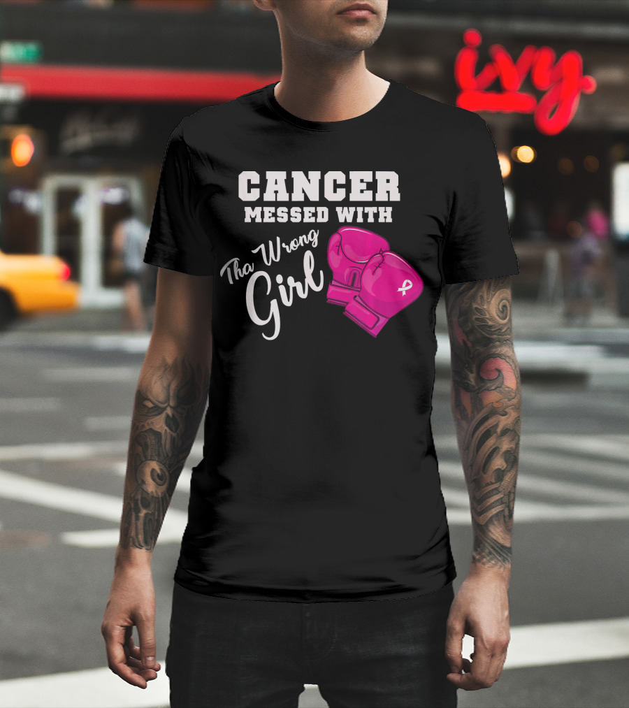 Cancer Messed With The Wrong Girl Boxing Gloves Breast Cancer Awareness T-Shirt