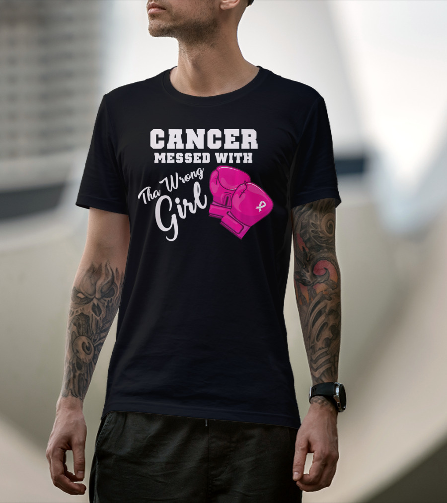 Cancer Messed With The Wrong Girl Boxing Gloves Breast Cancer Awareness T-Shirt