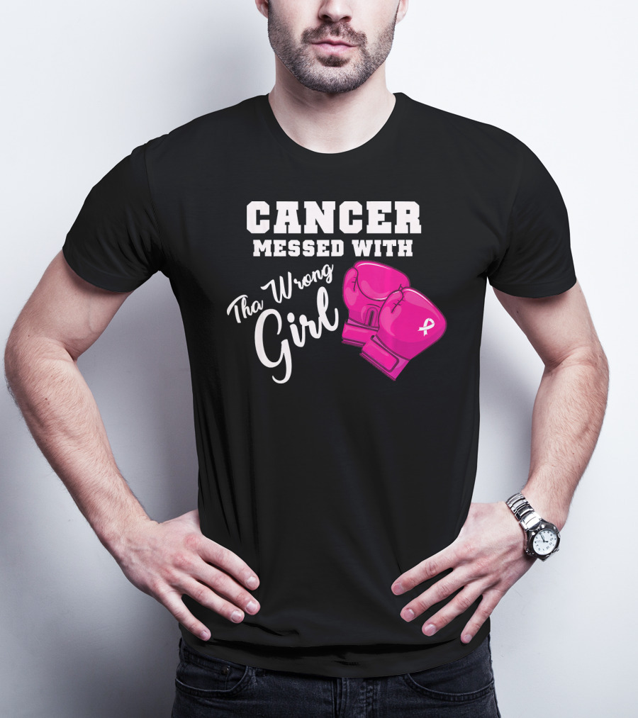 Cancer Messed With The Wrong Girl Boxing Gloves Breast Cancer Awareness T-Shirt