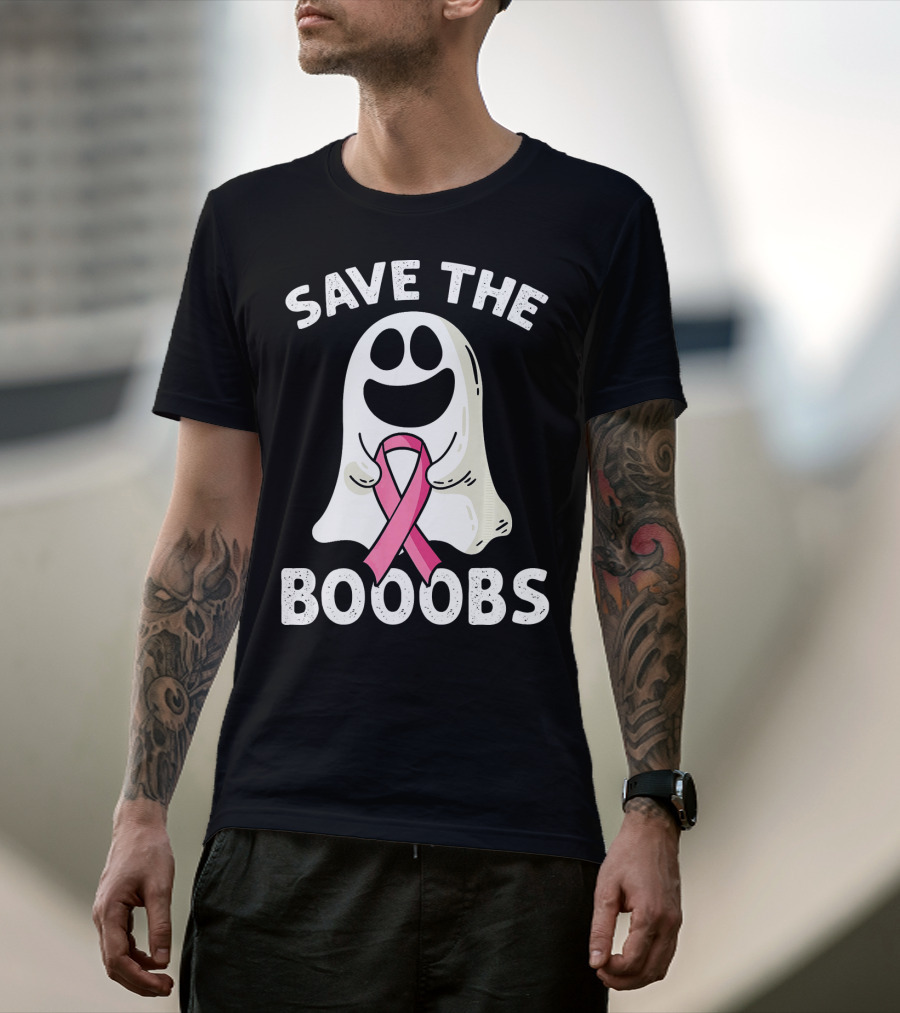 Save The Boooobs Funny Ghost Pink Ribbon Breast Cancer Awareness T-Shirt