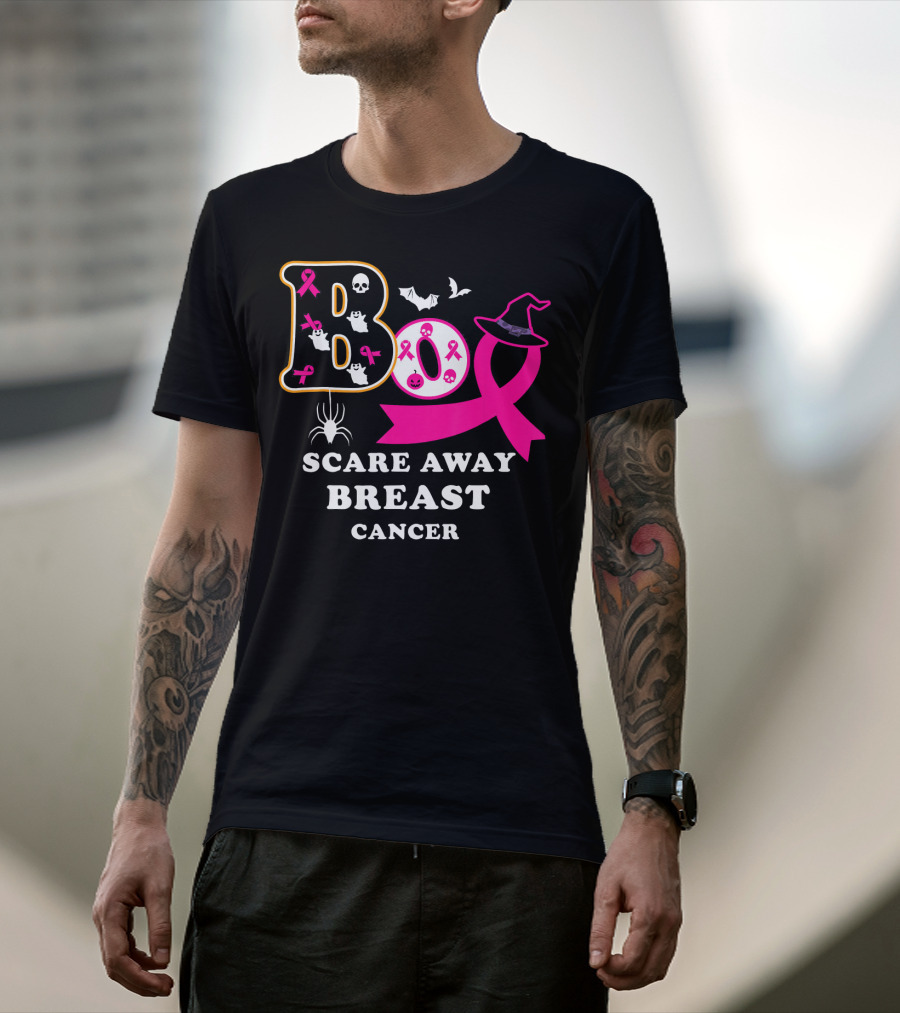Halloween Boo With Pink Ribbon Scare Away Breast Cancer T-Shirt