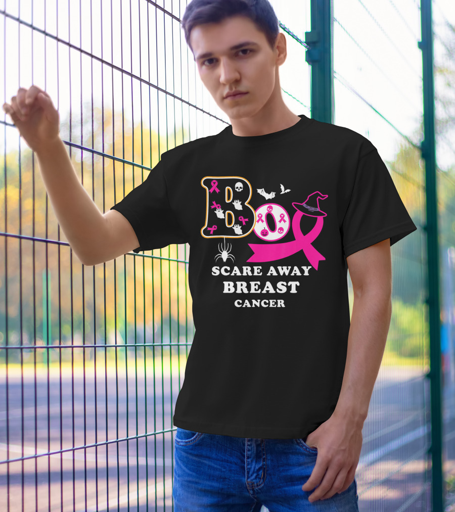Halloween Boo With Pink Ribbon Scare Away Breast Cancer T-Shirt