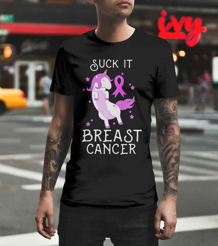 Suck It Breast Cancer Unicorn Awareness Ribbon Stars T-Shirt