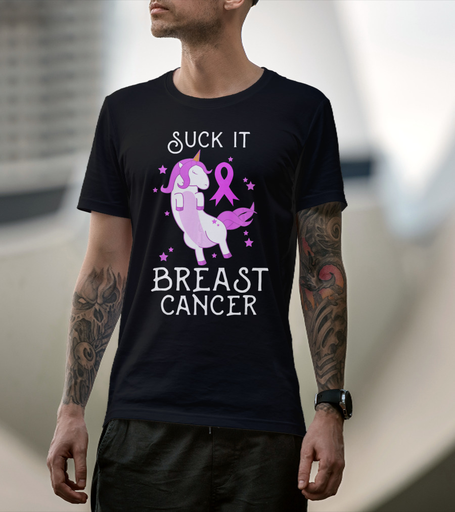 Suck It Breast Cancer Unicorn Awareness Ribbon Stars T-Shirt