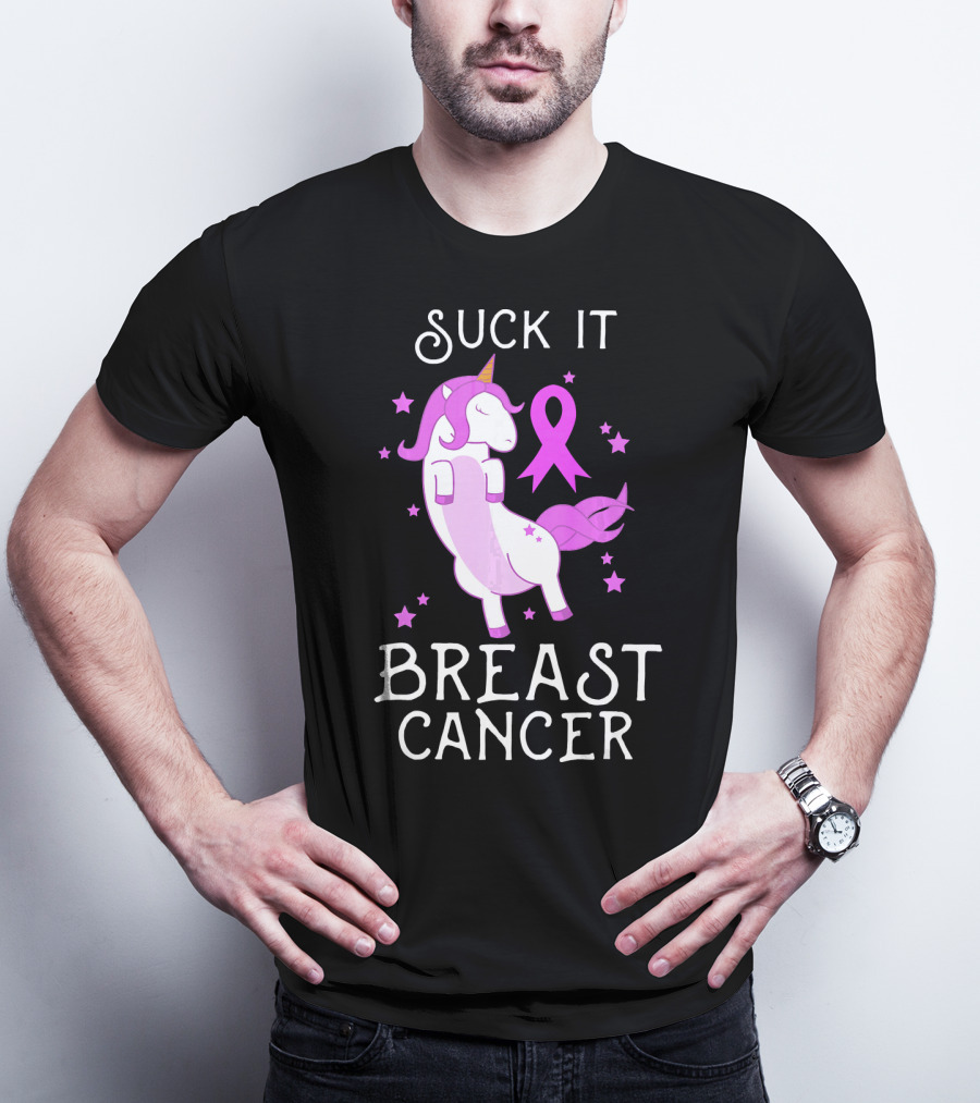 Suck It Breast Cancer Unicorn Awareness Ribbon Stars T-Shirt
