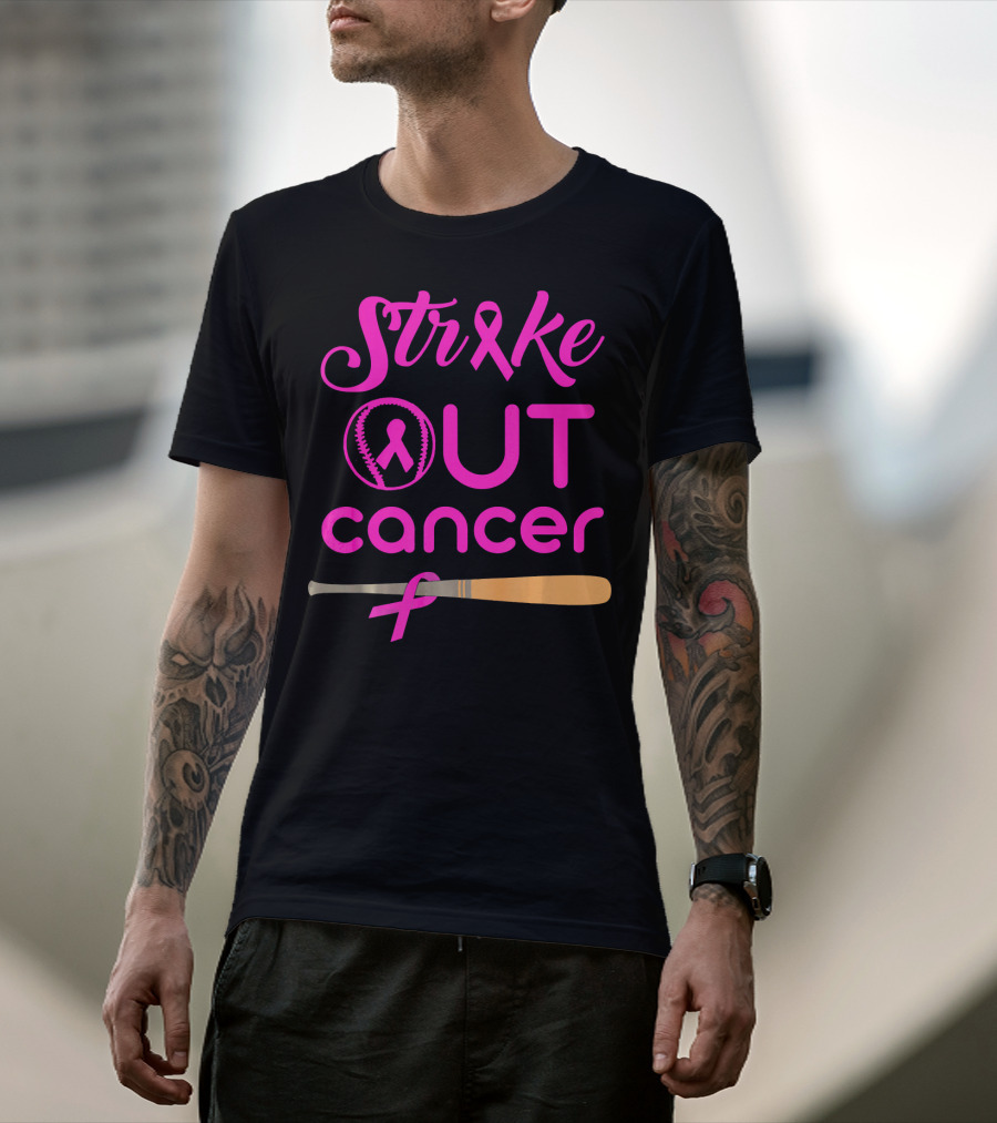 Strike Out Cancer Pink Ribbon Baseball Bat T-Shirt