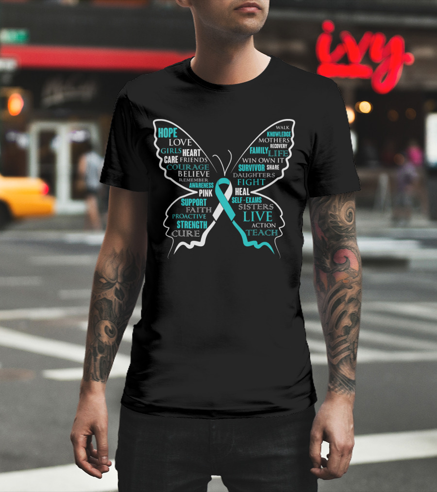 Hope Faith Courage Love Butterfly Cervical Cancer Awareness T-Shirt