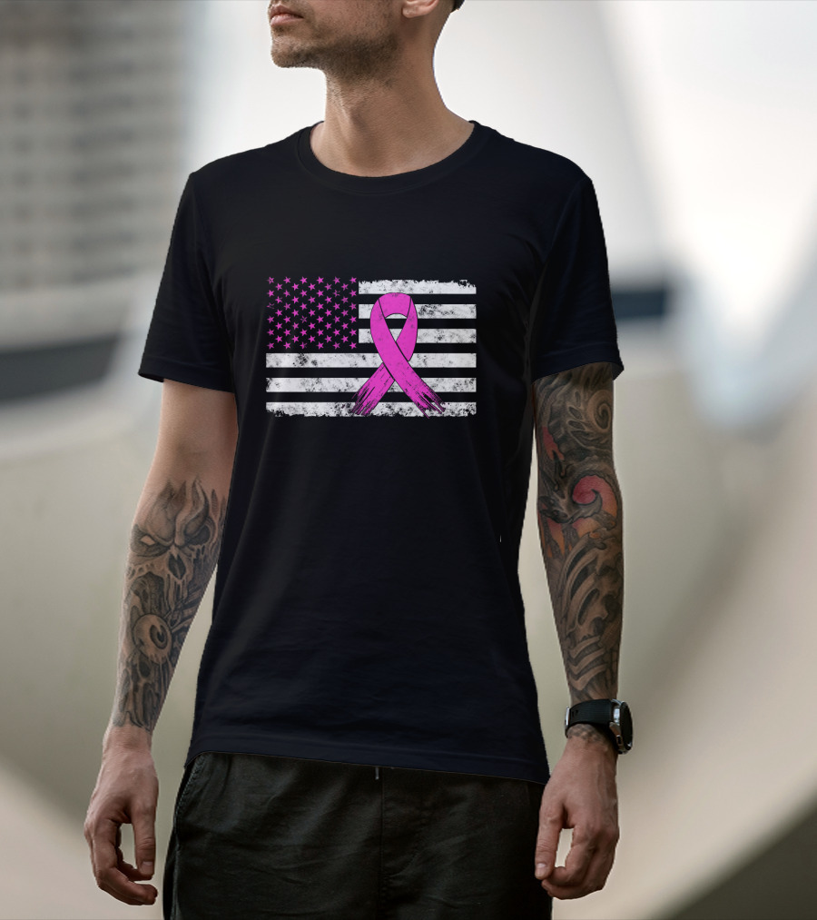 Distressed Pink Ribbon Breast Cancer Awareness American Flag T-Shirt