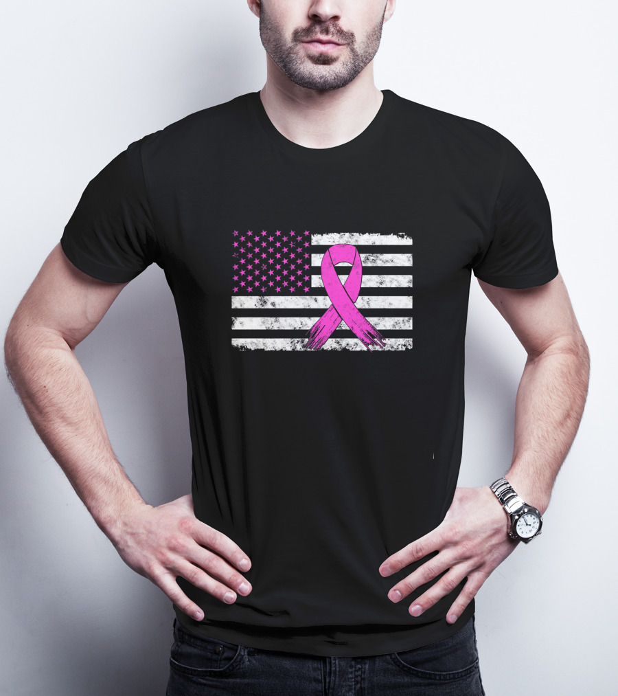 Distressed Pink Ribbon Breast Cancer Awareness American Flag T-Shirt