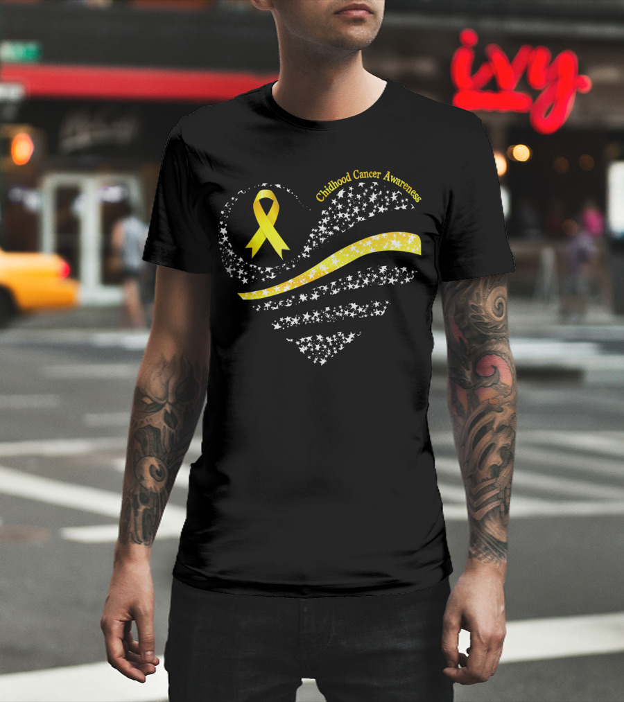 Childhood Cancer Awareness Heart Gold Ribbon American Flag T-Shirt