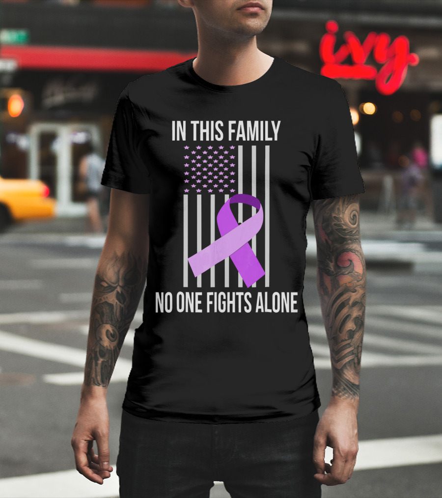 In This Family No One Fights Alone USA Flag Purple Ribbon Pancreatic Cancer T-Shirt