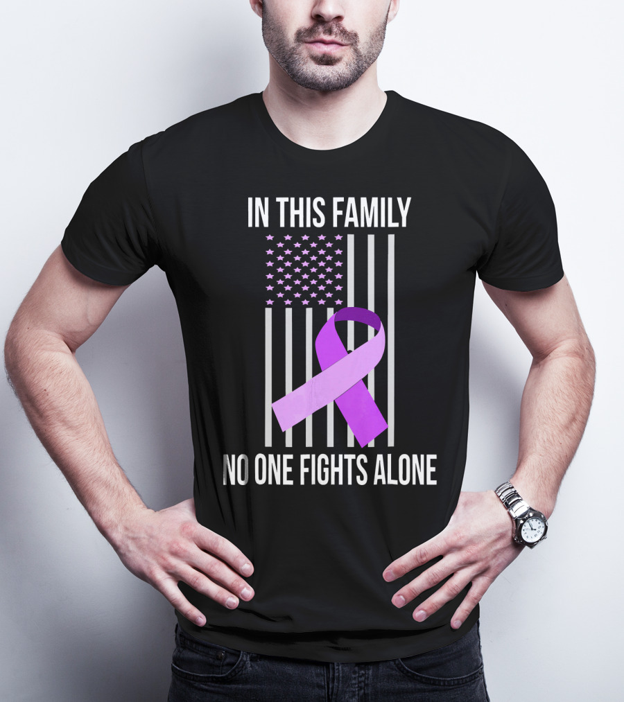 In This Family No One Fights Alone USA Flag Purple Ribbon Pancreatic Cancer T-Shirt