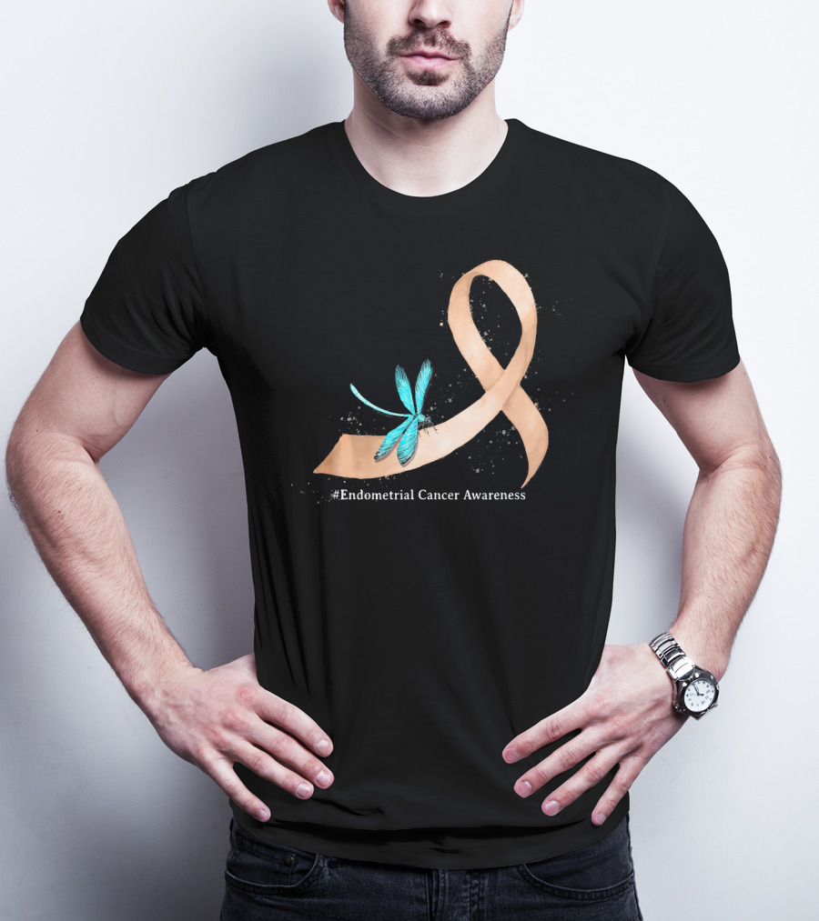 Hippie Dragonfly Peach Ribbon #Endometrial Cancer Awareness T-Shirt