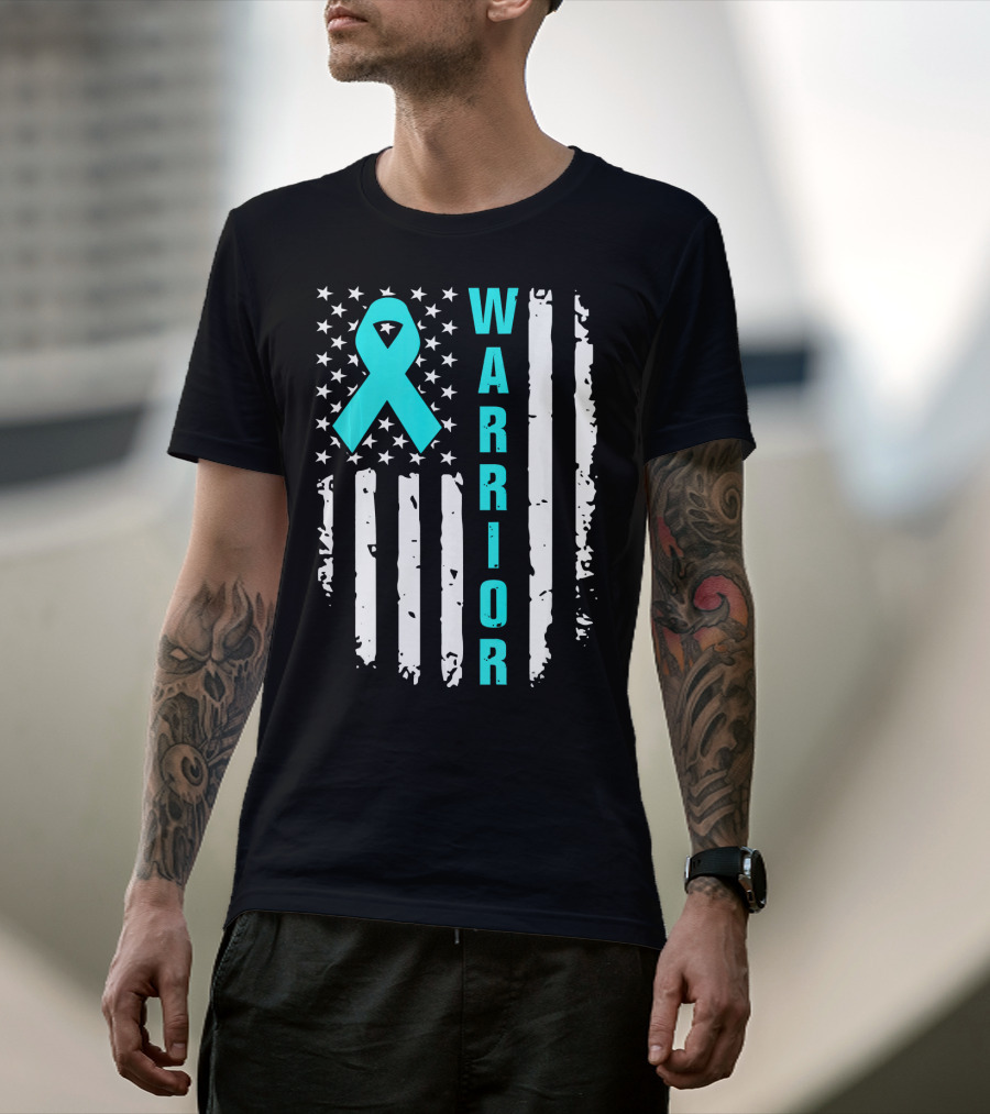 Warrior Teal Ribbon American Flag Ovarian Cancer T-Shirt