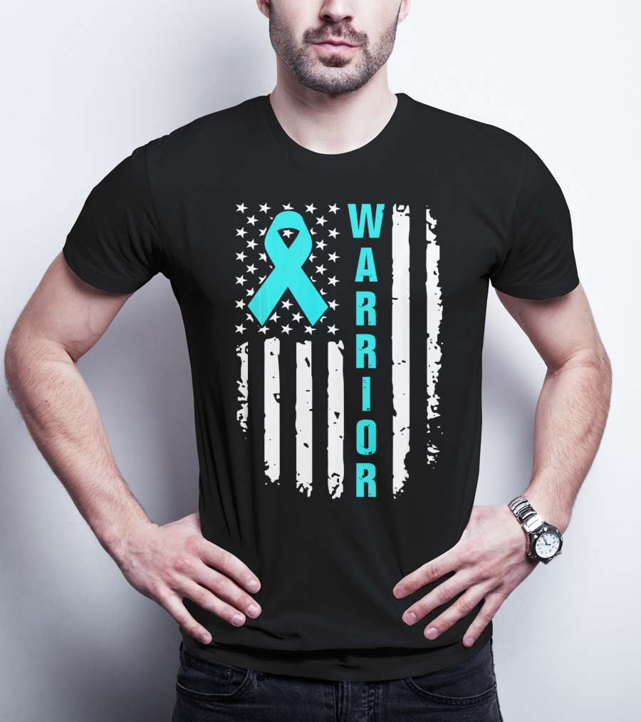 Warrior Teal Ribbon American Flag Ovarian Cancer T-Shirt
