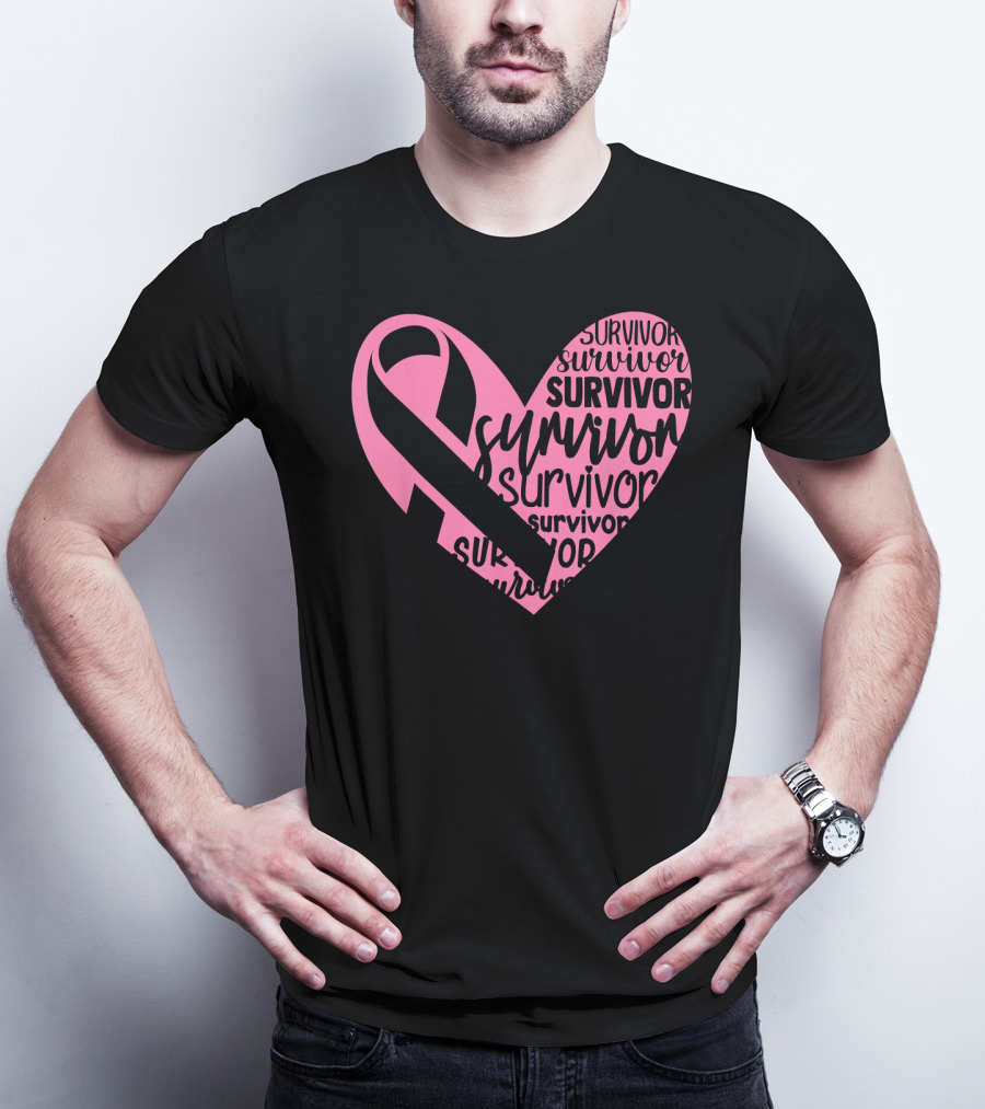 Survivor Pink Ribbon Heart Breast Cancer Pin T-Shirt