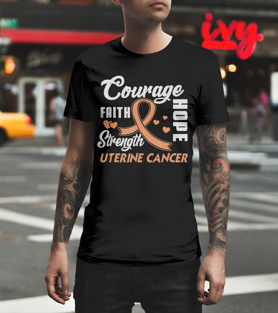 Courage Faith Strength Hope Uterine Cancer Fight Wear Peach T-Shirt