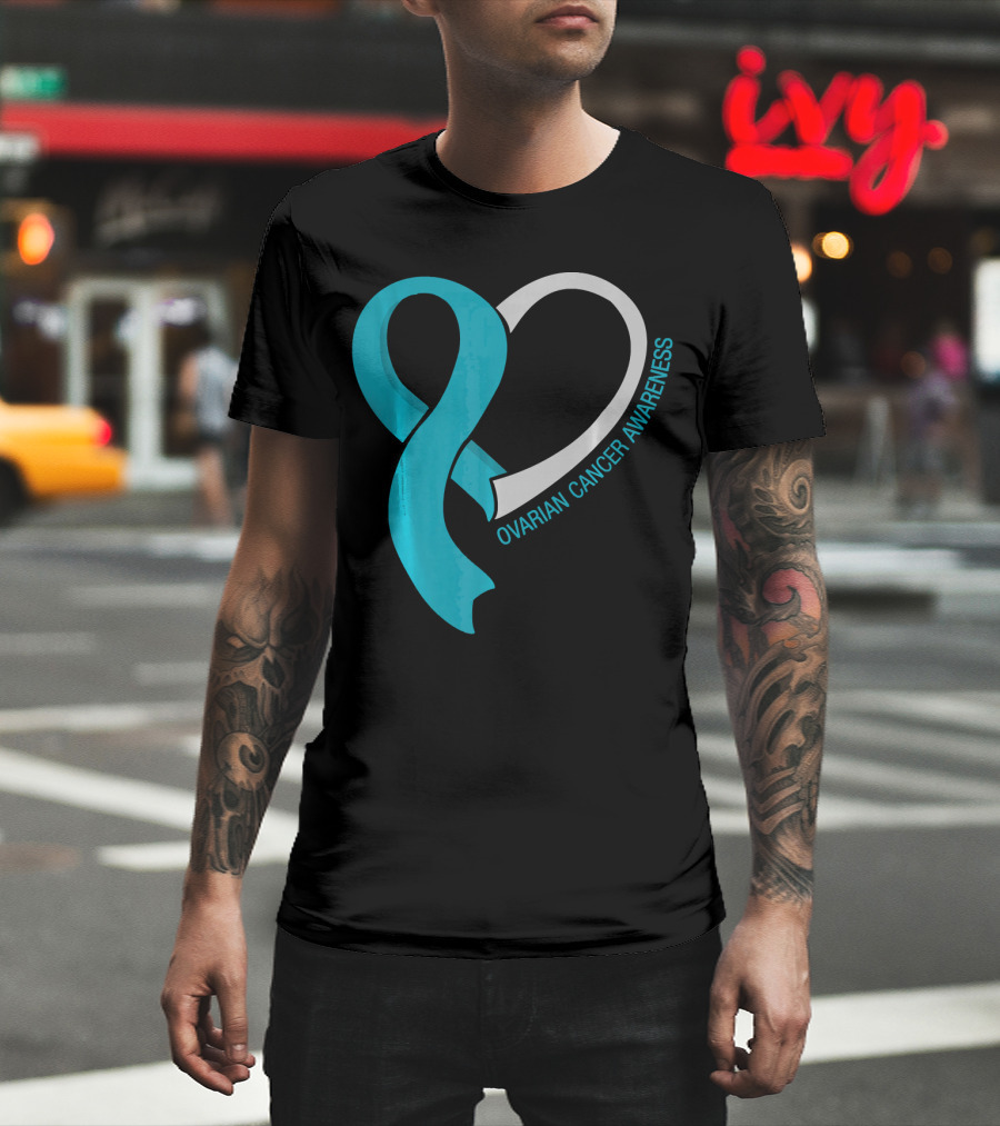 Ovarian Cancer Teal Heart Ribbon Awareness T-Shirt