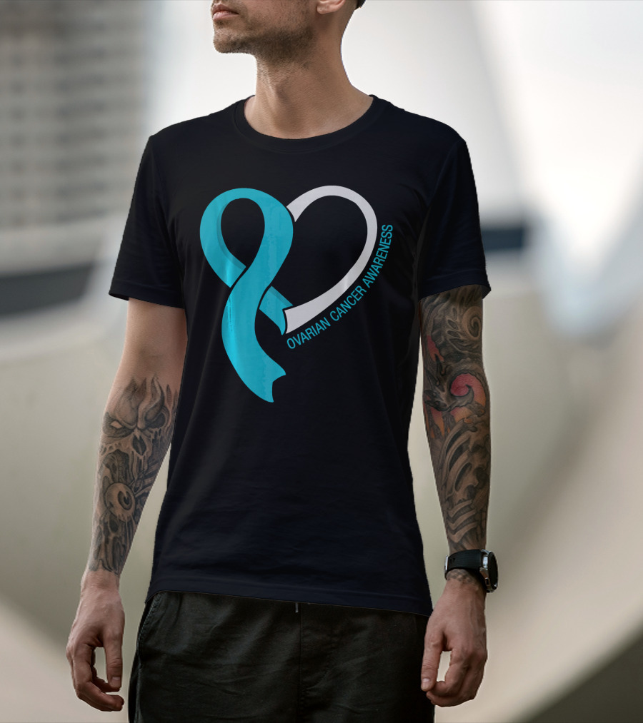 Ovarian Cancer Teal Heart Ribbon Awareness T-Shirt