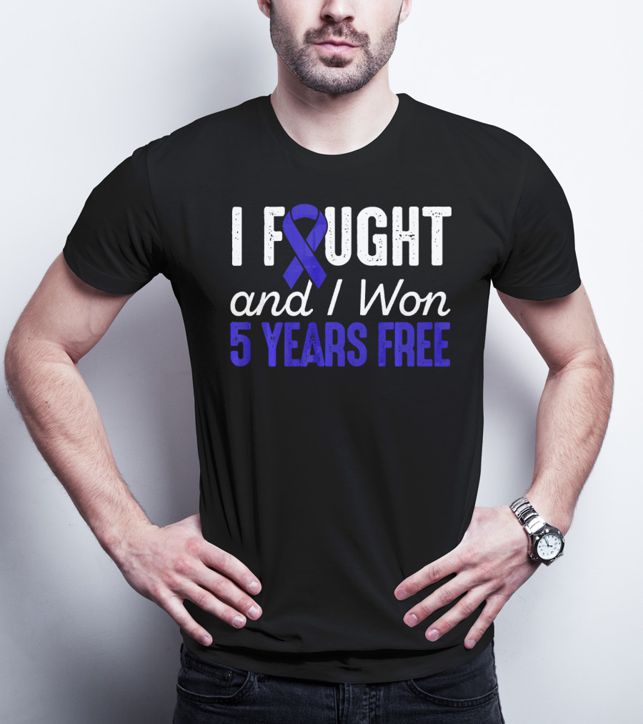 I Fought And I Won 5 Years Free Colon Cancerversary Blue T-Shirt