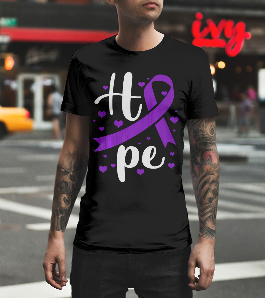 Hope Pancreatic Cancer Awareness Women Purple Ribbon Hearts T-Shirt