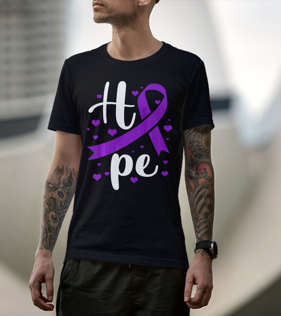 Hope Pancreatic Cancer Awareness Women Purple Ribbon Hearts T-Shirt
