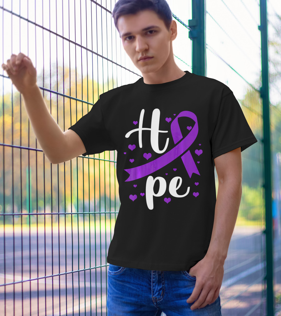Hope Pancreatic Cancer Awareness Women Purple Ribbon Hearts T-Shirt