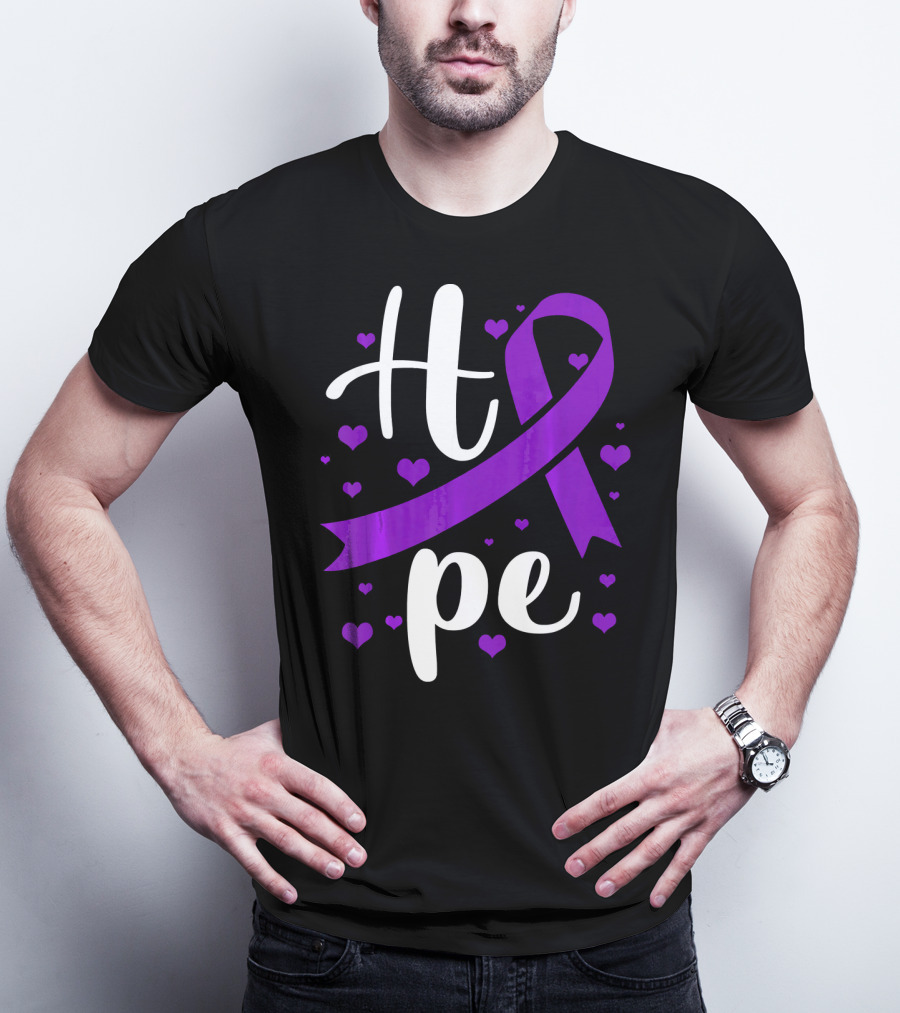 Hope Pancreatic Cancer Awareness Women Purple Ribbon Hearts T-Shirt
