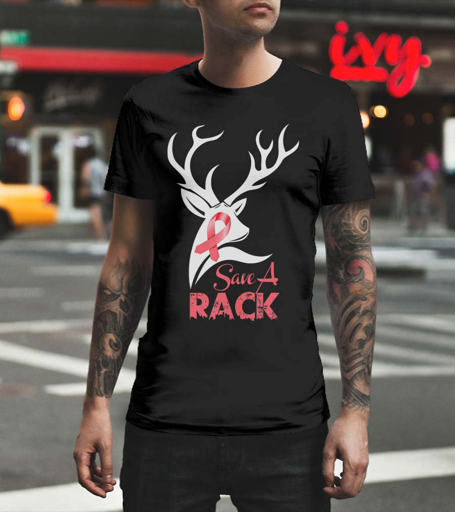 Save A Rack Breast Cancer Awareness Pink Ribbon Deer Antlers T-Shirt
