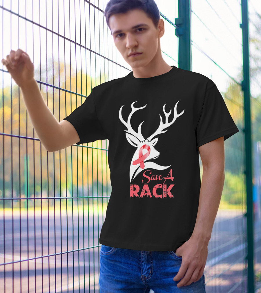 Save A Rack Breast Cancer Awareness Pink Ribbon Deer Antlers T-Shirt