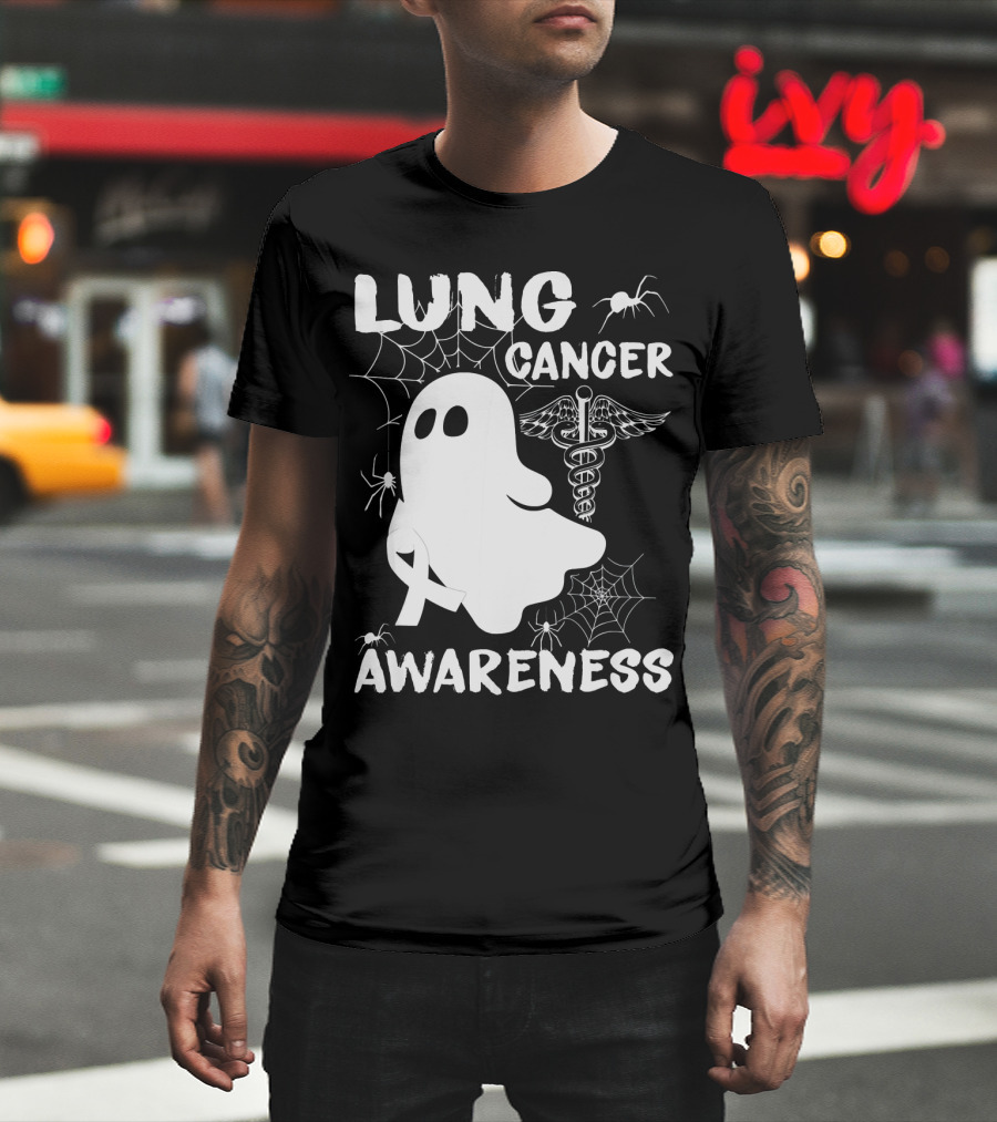 Lung Cancer Awareness Boo Ghost With Spider Webs And Spider T-Shirt